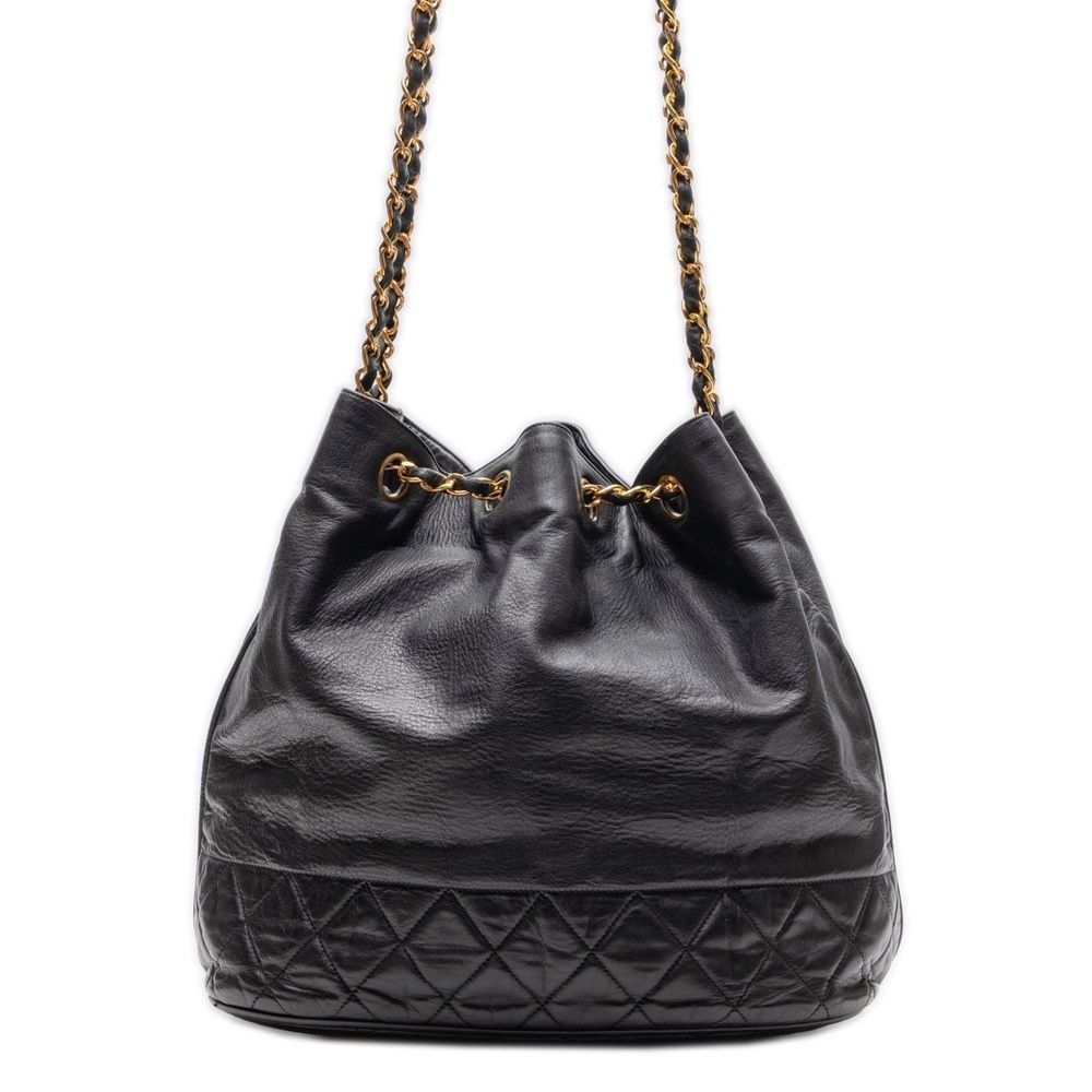 Hardware Matelasse Drawstring Pouch Chain Lambskin Bl… - Gem